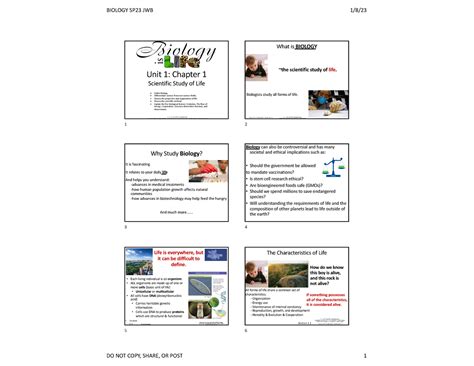 BIO0100 Unit 1 Chapter 1 Babe Packet Unit 1 Chapter 1 Scientific Study Of Life C O P Y Rig