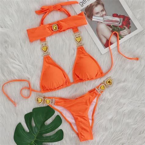 Sexy Rhinestones Bikinis Swimsuits With Headband Women Swimwear Female