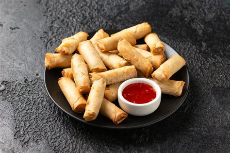 Fried Vegetable Spring Rolls With Sweet Chilli Sauce Party Food Stock