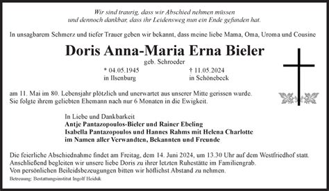 Traueranzeigen Von Doris Anna Maria Erna Bieler Abschied Nehmen De