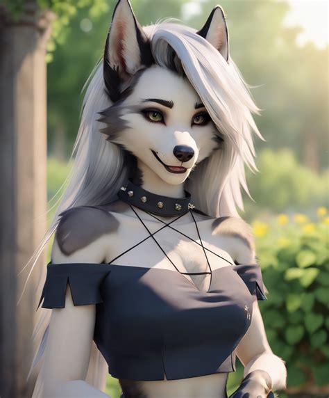 A Woman With White Hair Wearing A Wolf Mask And Blue Dress Standing In Front Of Bushes