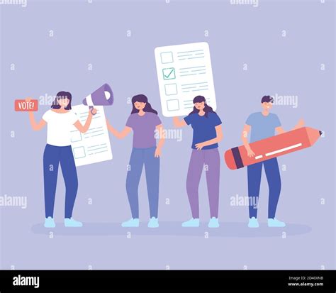 Election Day People With Ballot Megaphone And Pencil Vector