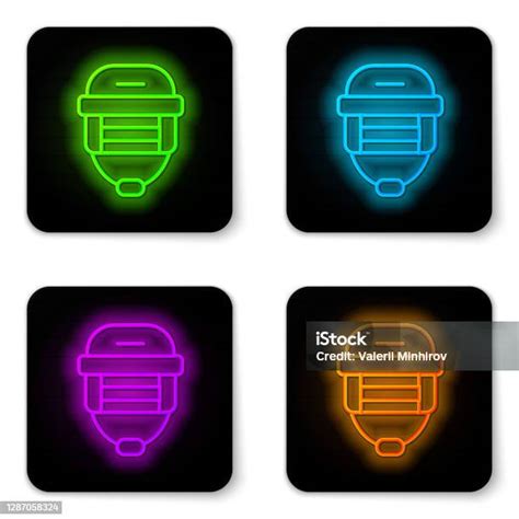 흰색 배경에 고립 된 빛나는 네온 라인 하키 헬멧 아이콘 검은 색 사각형 버튼 벡터 Championship에 대한 스톡 벡터 아트 및 기타 이미지 Championship