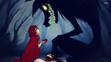Creepy Red Riding Hood And The Wolf Wallpaper Motive