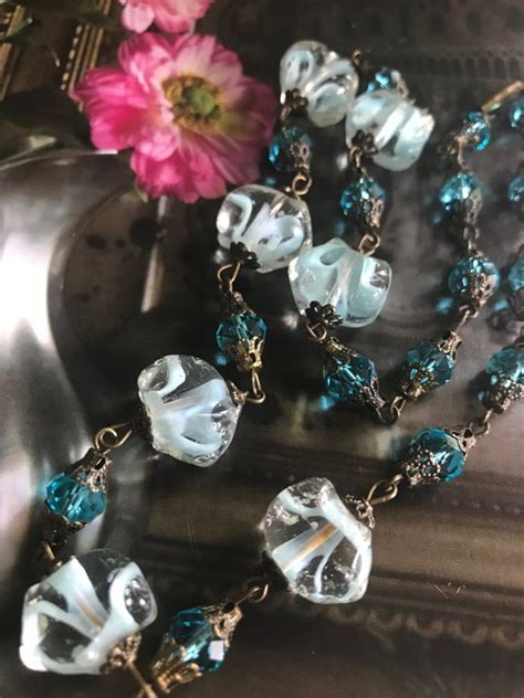 Venetian Ocean Blue Bead Necklace Aqua Glass Crystals Gem