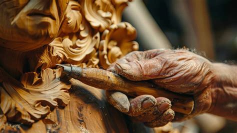 Closeup Of Craftsman Hand Carving In Wood With Chisel Tool Making