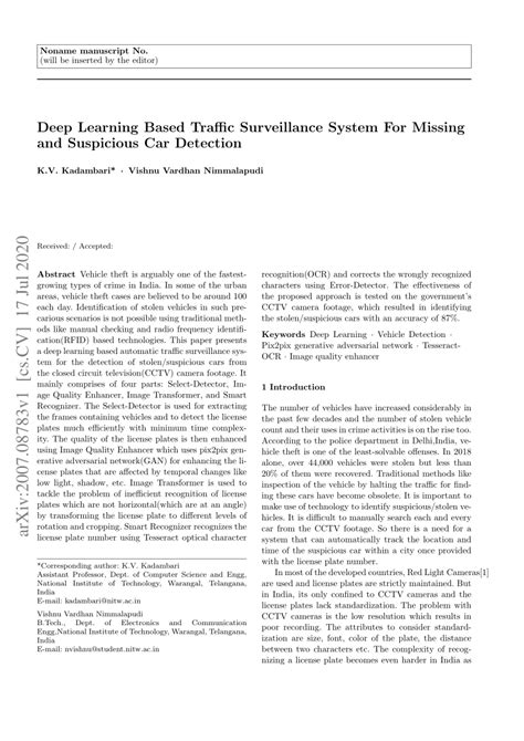 Pdf Deep Learning Based Traffic Surveillance System For Missing And Suspicious Car Detection