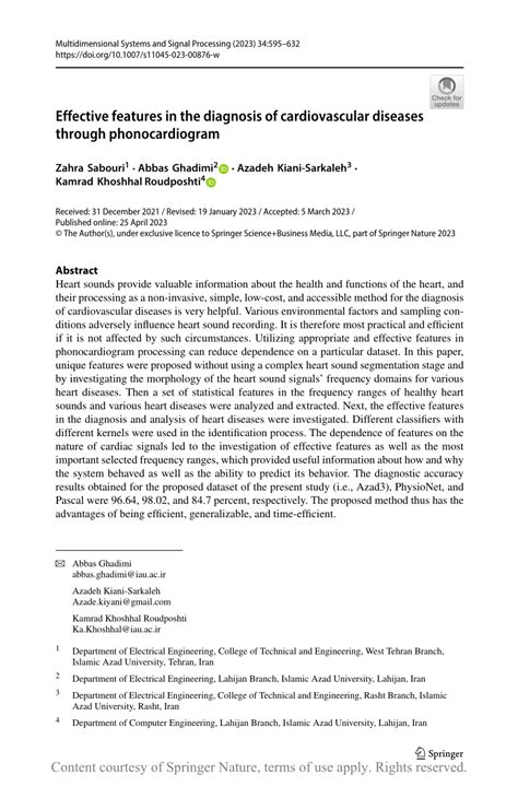 Effective Features In The Diagnosis Of Cardiovascular Diseases Through Phonocardiogram Request Pdf