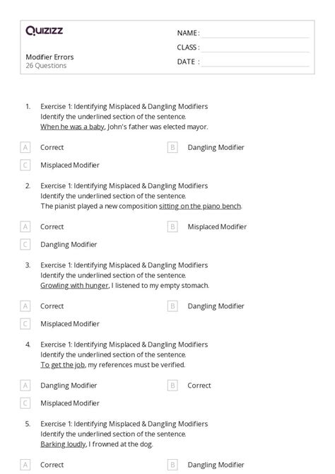 50 Misplaced And Dangling Modifiers Worksheets On Quizizz Free