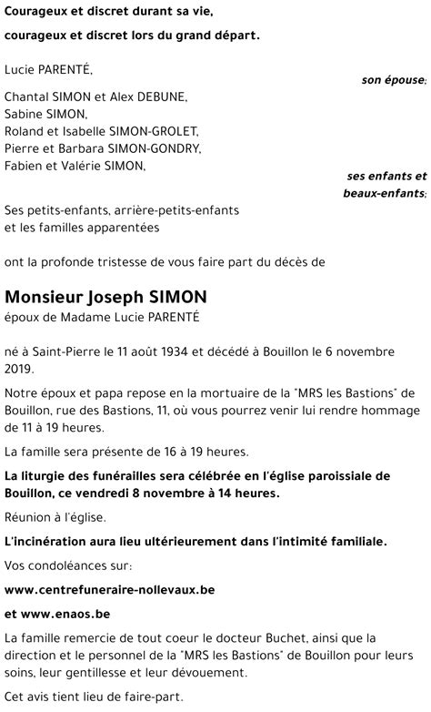 Avis De Décès De Joseph Simon Décédé Le 06112019 à Bouillon Annonce