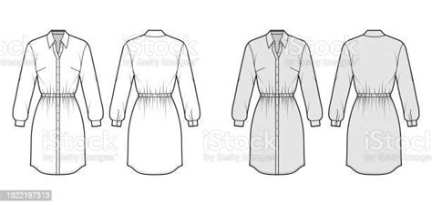 드레스 셔츠 테크니컬 패션 일러스트와 허리 긴 소매 무릎 길이 의 연필 스커트 클래식 칼라 0명에 대한 스톡 벡터 아트 및 기타
