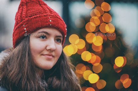 Beautiful Girl Gorgeous Brunette Girl Portrait In Night City Lights