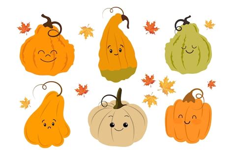 Premium Vector Set Of Cartoon Pumpkins In Flat Style On Maple Leaves Background Autumn