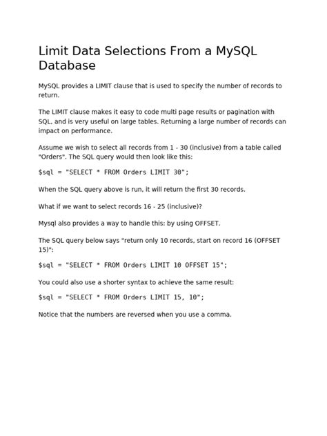 Limit Data Selections From A Mysql Database Pdf Teaching Methods And Materials Computers