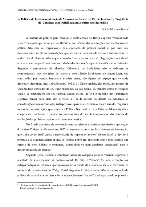 Pdf A Política De Institucionalização De Menores No Estado Do Rio De