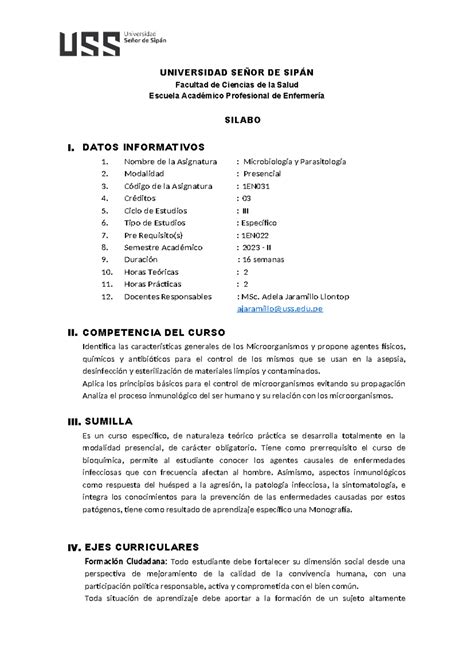 Silabo Microbiología Y Parasitología 2023 I Universidad SeÑor De