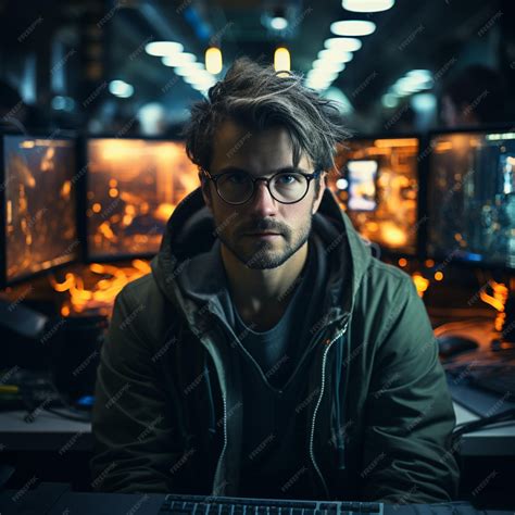 Premium Photo Portrait A Young Software Engineer Sitting At A Desk By A Computer In An Office