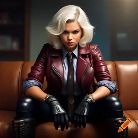 Punk Style Portrait Of Blonde Woman In Denim Jacket And Leather Trousers In Derelict Kitchen On