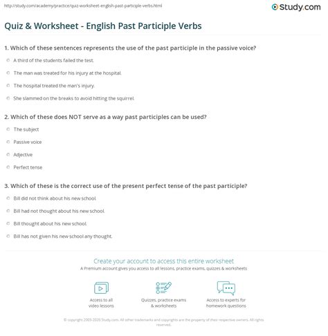 Quiz And Worksheet English Past Participle Verbs