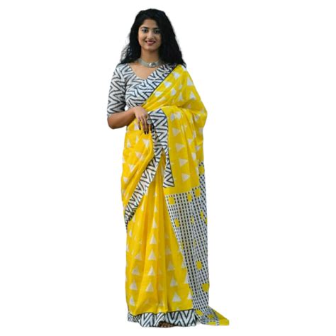 Shop Yellow And Black Colour Bagru Print Saree Gi Heritage