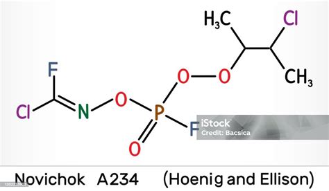 노비촉 A234 유기 인산염 신경 에이전트 호니그와 엘리슨에 따르면 C5h8cl2f2no3p 분자 골격 화학 포뮬러 독성 물질에 대한 스톡 벡터 아트 및 기타 이미지