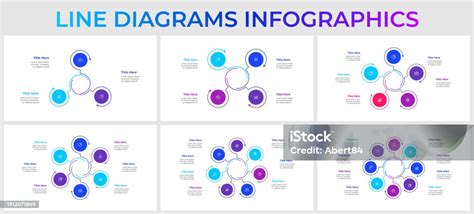 3 4 5 6 7 및 8개의 원과 아이콘이 있는 주기 다이어그램 템플릿의 선형 인포그래픽 요소 세트 0명에 대한 스톡 벡터 아트
