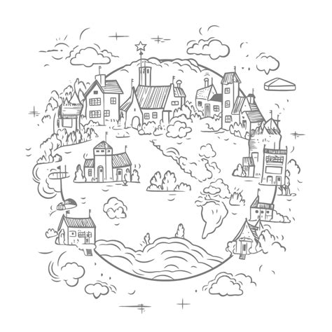 Globo Terráqueo Garabateado En Blanco Y Negro Con La Ciudad Y El Pueblo
