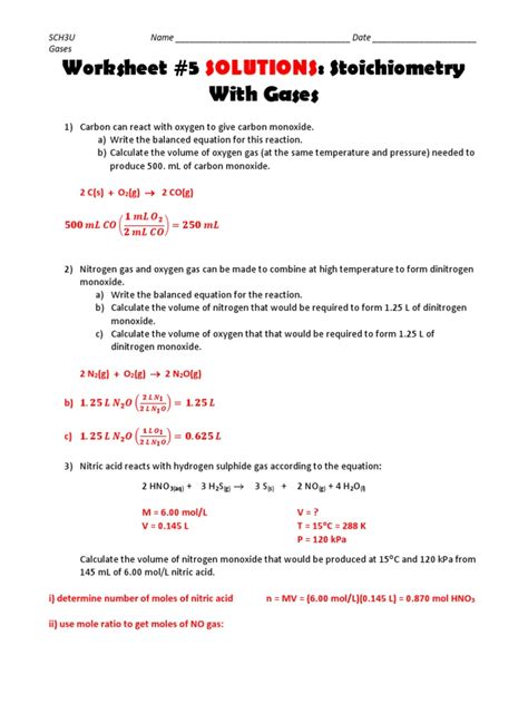 Ws 5 Solutions Stoichiometry With Gases Pdf Nitric Acid