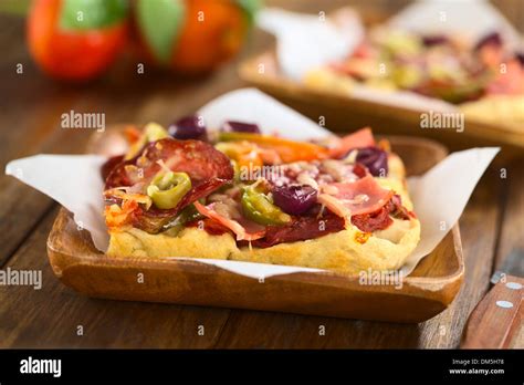 Fresh Homemade Pizza Piece With Tomato Sauce Ham Salami Olives Bell