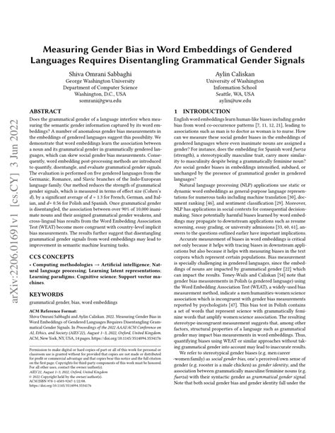 PDF Measuring Gender Bias In Word Embeddings Of Gendered Languages Requires Disentangling