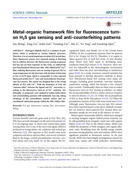 Pdf Metal Organic Framework Film For Fluorescence Turn On H2s Gas Sensing And Anti