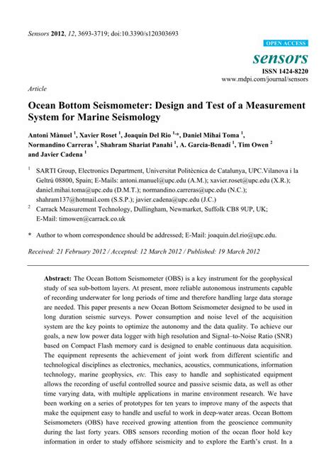 Pdf Ocean Bottom Seismometer Design And Test Of A Measurement