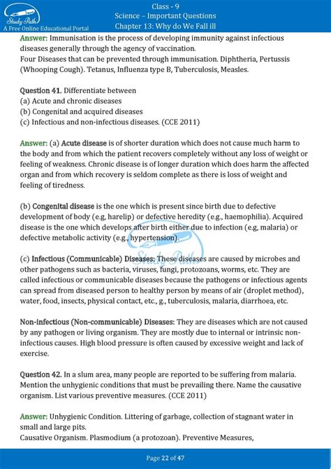 Important Questions For Class 9 Science Chapter 13 Why Do We Fall Ill