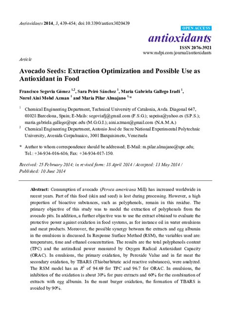 Pdf Avocado Seeds Extraction Optimization And Possible Use As Antioxidant In Food