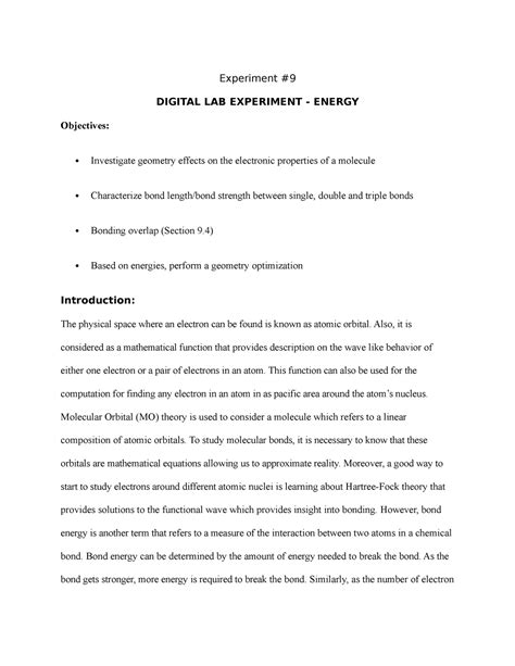 Lab Report Lab Experiment DIGITAL LAB EXPERIMENT ENERGY Objectives Investigate