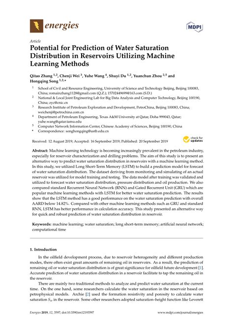 Pdf Potential For Prediction Of Water Saturation Distribution In Reservoirs Utilizing Machine