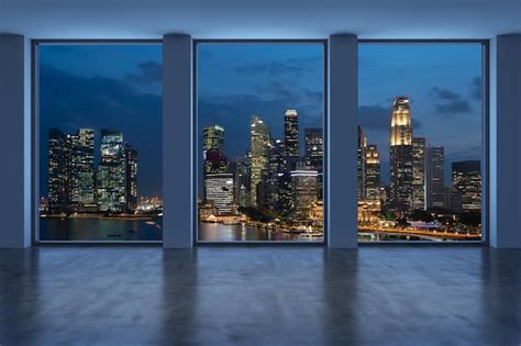 ダウンタウン シンガポール都市スカイライン高層ビル窓から建物空の部屋インテリア超高層ビル ビュー夜の時間 3 D レンダリングを見下ろす美しい