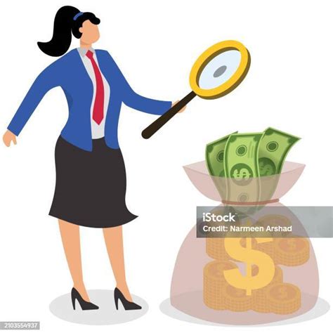저축 이자 투자 수수료 및 비용 분석 최상의 투자 방법 및 경제 정책 최적화 돋보기를 사용하여 가방 안의 돈을 분석하는 사업가 가격에 대한 스톡 벡터 아트 및 기타 이미지
