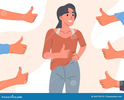 Positive Approval Female Person Surrounded Thumbs Up Public Positive