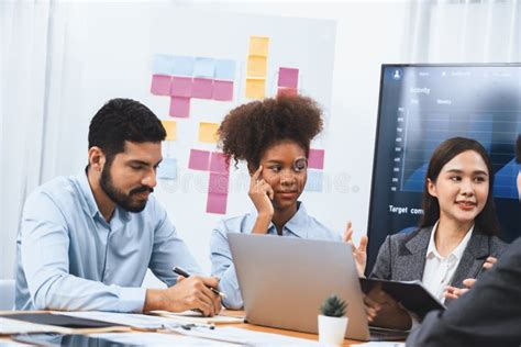 Multiracial Analyst Team Use Bi Dashboard For Data Analysis With Laptop Concord Stock Image