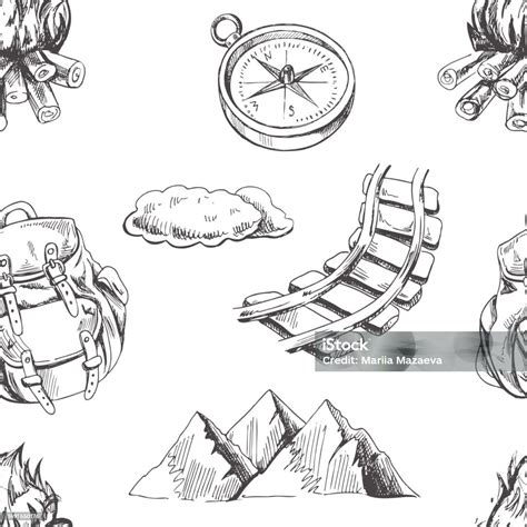 손으로 그린 스케치는 캠핑 아이콘의 매끄러운 패턴을 스케치합니다 관광 및 캠핑 모험 아이콘입니다 여행 요소가 있는 Lipart 산 모닥불 배낭 쌍안경 나침반 텐트 가방에