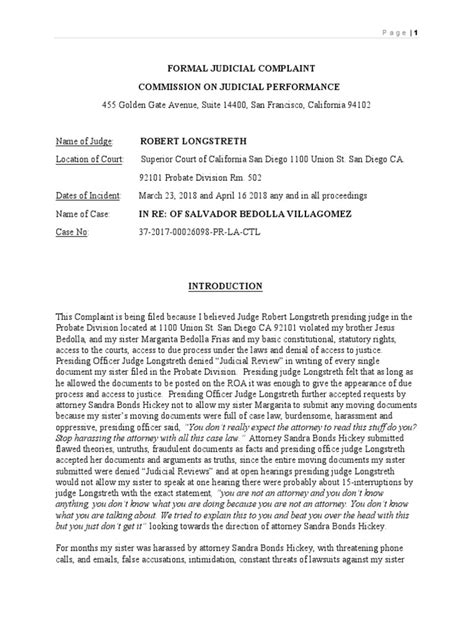 Formal Judicial Complaint Against Judge Robert Longstreth Pdf