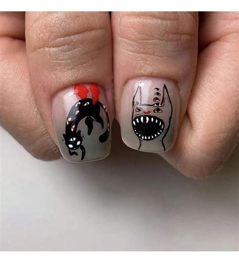 Комплект Разкошни Press On Изкуствени Нокти 24 броя Нестандартен Къс Зомби Арт Модел Къси Нокти