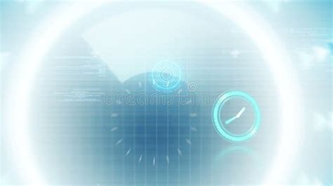 Neon Digital Clock Ticking Over Against Round Scanner And Data Processing On Blue Background