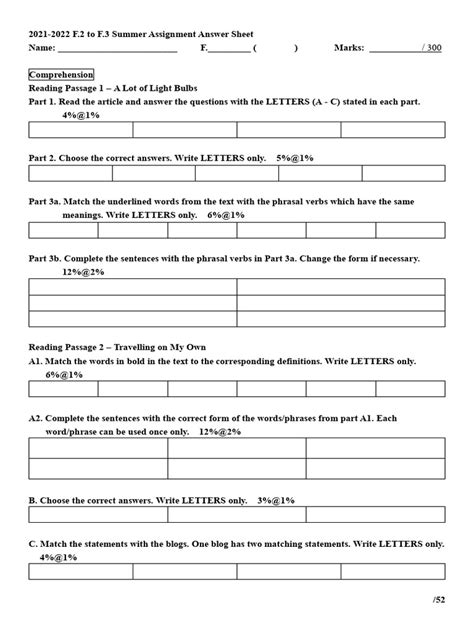 2a F2 English Summer Assignment Answer Sheet For Printing Pdf Perfect Grammar Grammar
