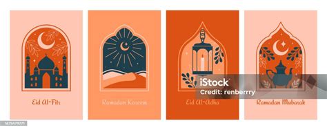 이슬람 동양 배너 템플릿 세트입니다 모스크 돔 초승달 별 랜턴 찻주전자 식물 나뭇잎 풍경 촛불이 있는 귀여운 삽화가 있는 인사말 카드 보헤미안 스타일의 벡터 배지 아치