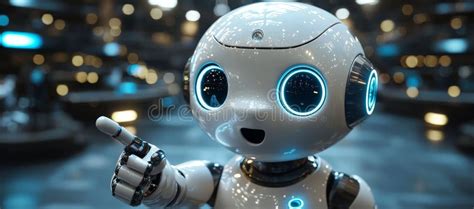 Cute Android Robot Gesturing Towards Copy Space On Light Blue Background Stock Stock