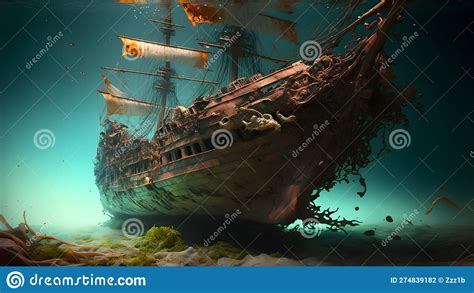 old sunken wooden sail ship on sea floor neural network generated art