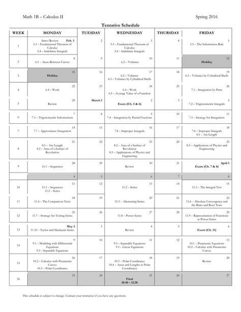 Math 1B Calculus II Spring 2016 Tentative Schedule