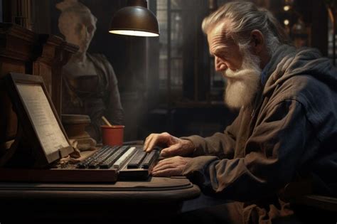 Premium AI Image Man Tirelessly Worked On His Novel Typing Away At His Computer